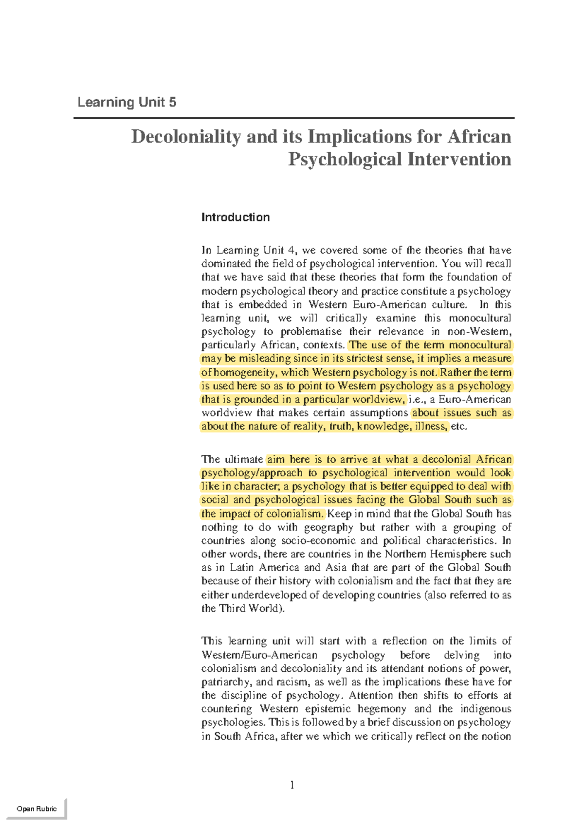 Learning Unit 5: Decoloniality in African Psychological Interventions ...