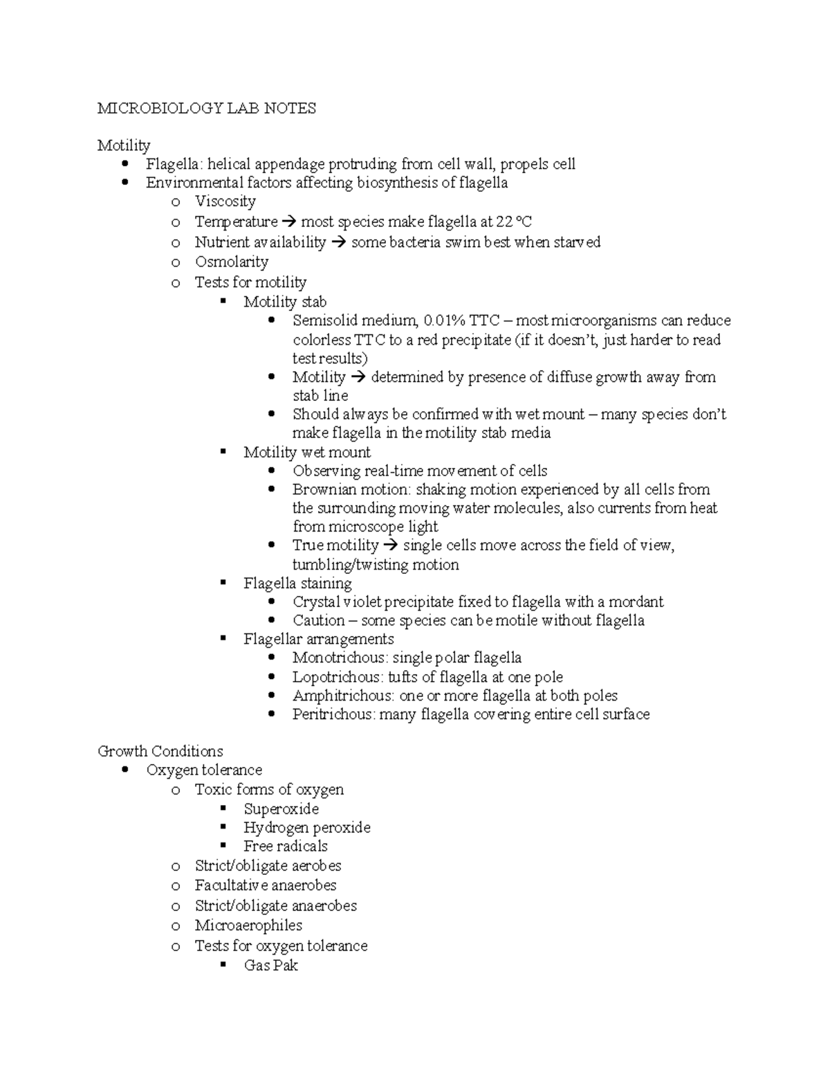 Microbiology LAB Notes - MICROBIOLOGY LAB NOTES Motility Flagella ...