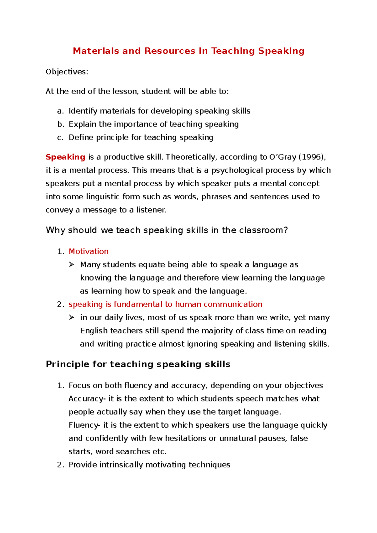Teaching Speaking: Materials & Resources for Effective Pedagogy - Studocu