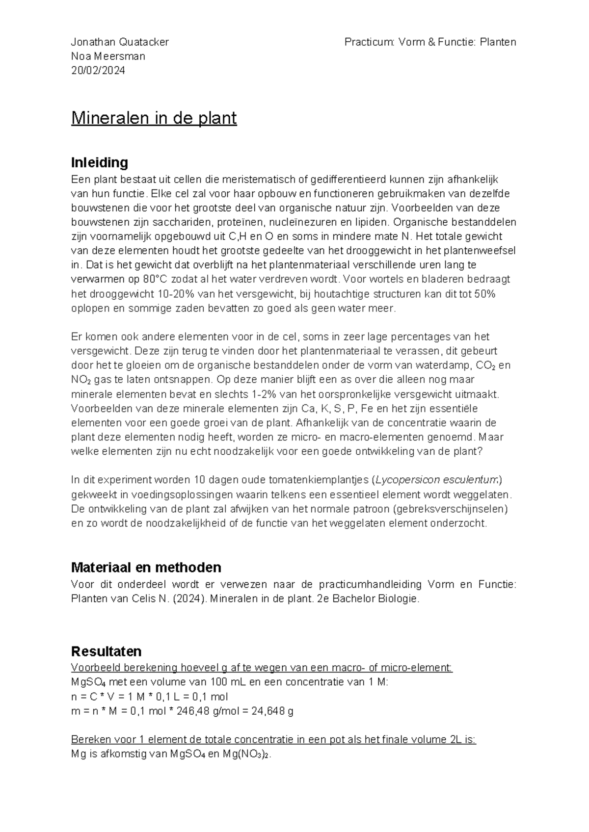 Verslag over Mineralen in Planten - Experiment V&F (20/02) - Studocu
