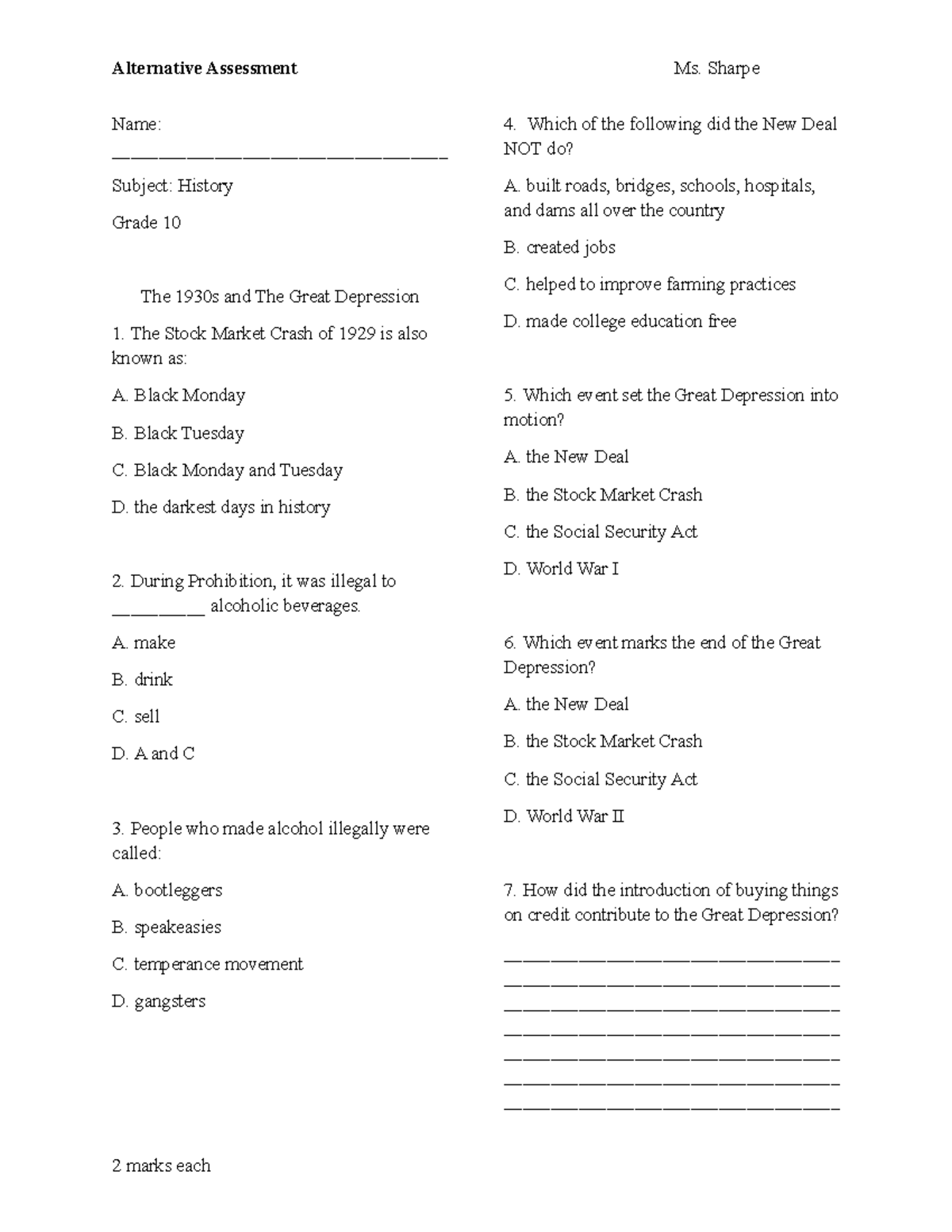 Canadian History 1930s Unit Review - Alternative Assessment Ms. Sharpe ...