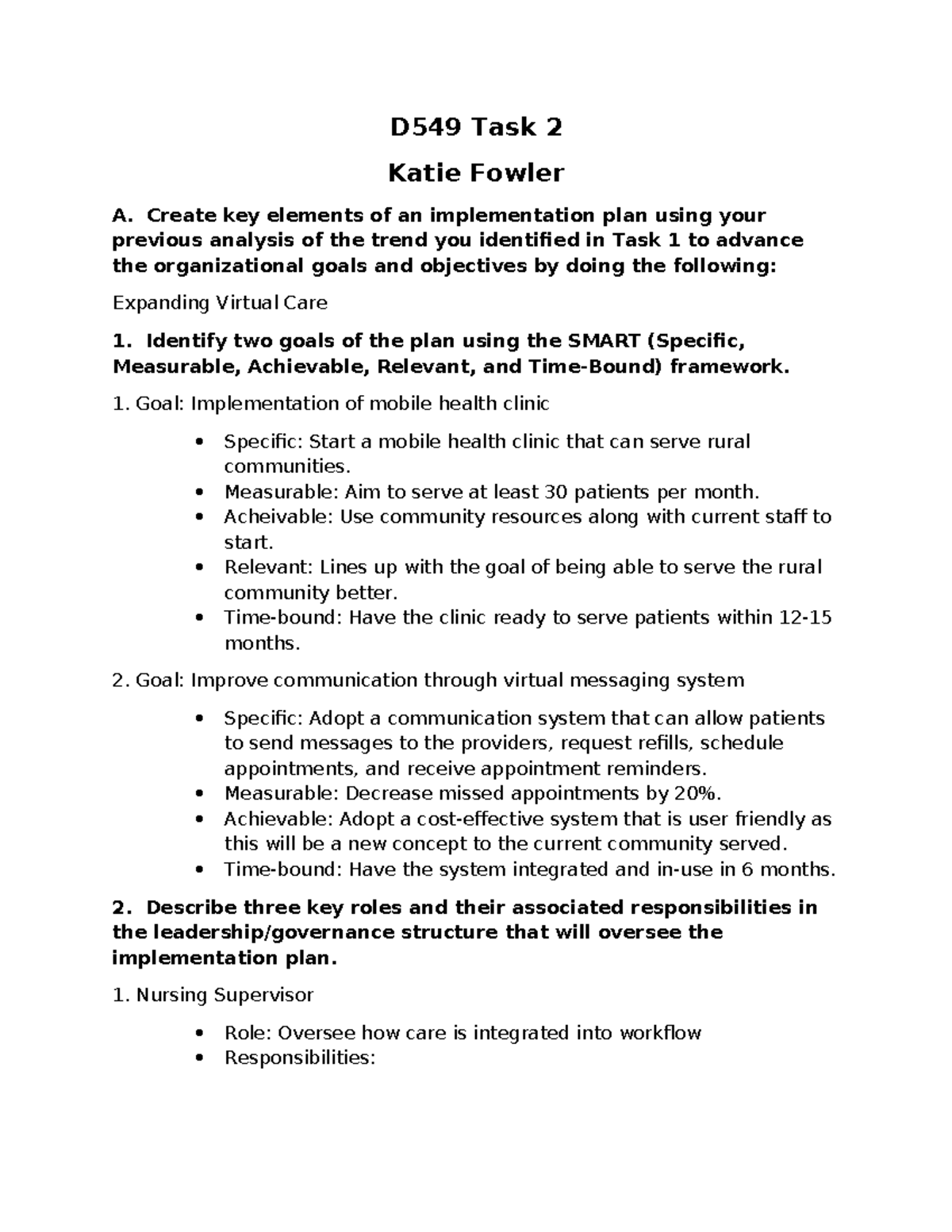 D549 Task 2: Implementation Plan for Expanding Virtual Care - Studocu