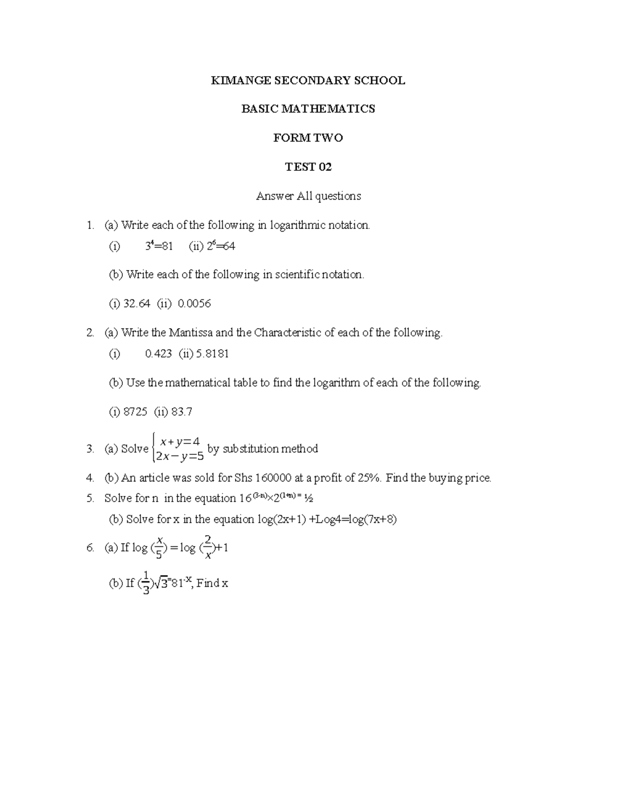 KIMANGE SECONDARY SCHOOL BASIC MATH FORM 2 TEST O2 Notes - Studocu