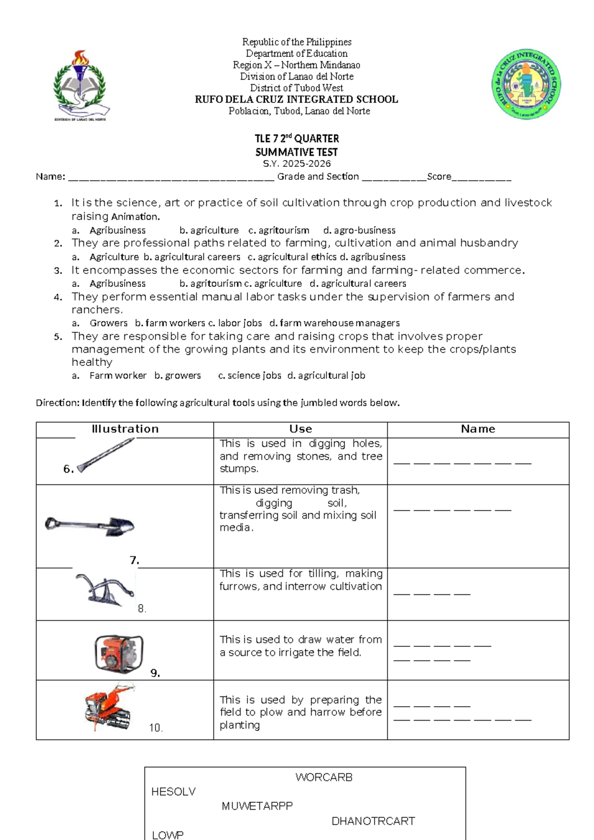 TLE 7 2nd Quarter Summative Test - Agriculture Concepts and Tools - Studocu