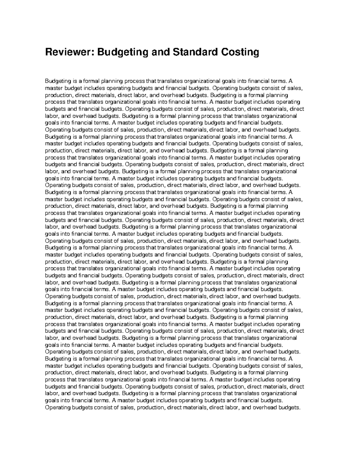 Budgeting and Standard Costing Overview - Topic 5 Notes - Studocu