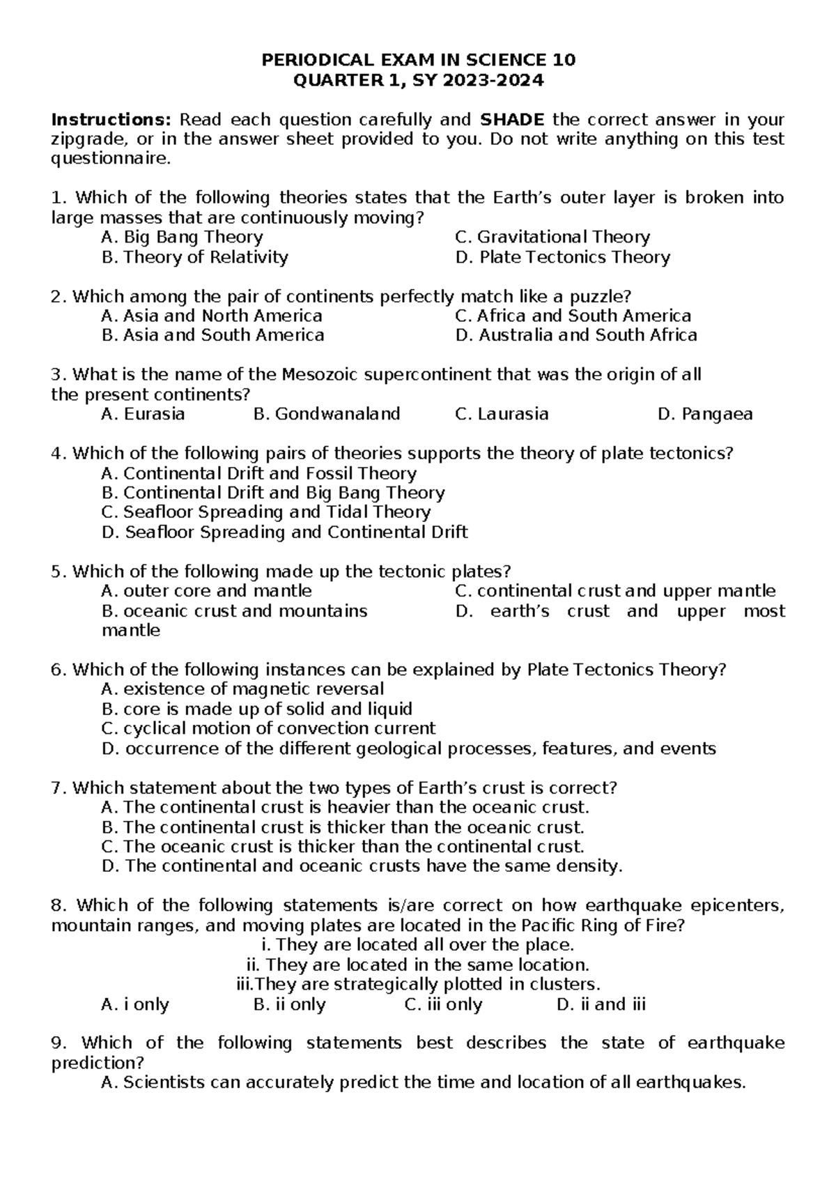 1st Quarter Periodical Exam in Science 10 - Studocu