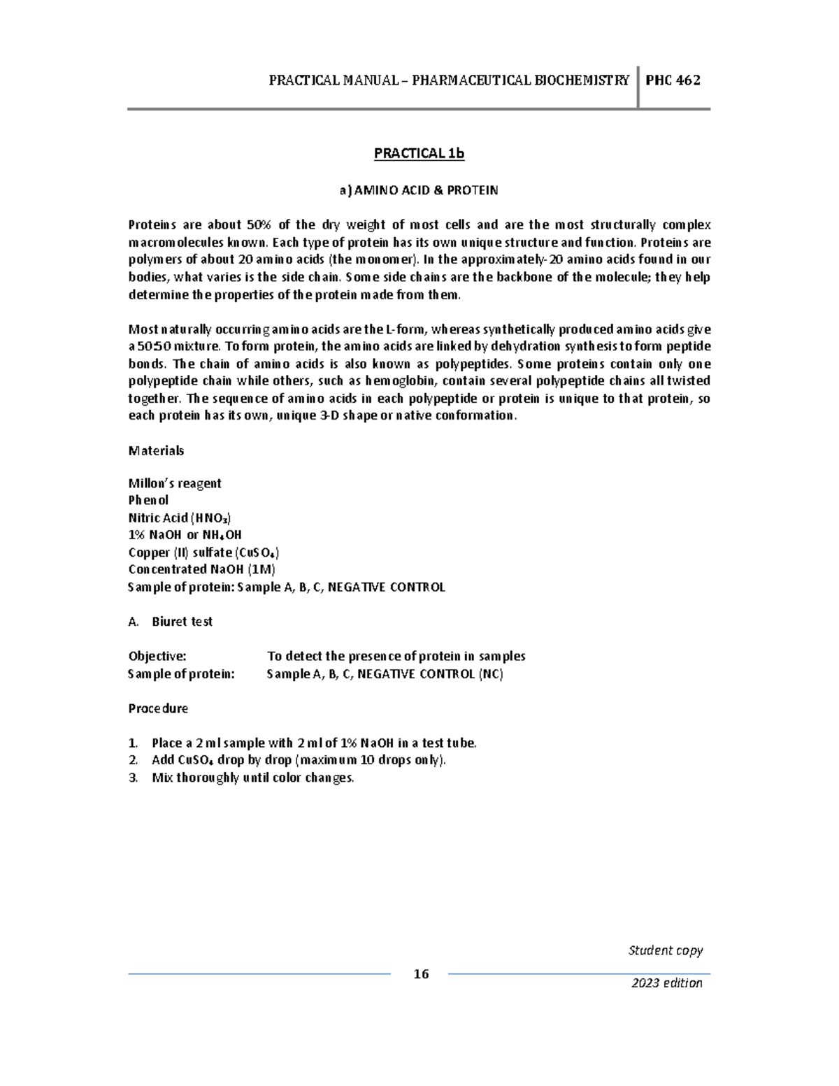 1b PHC462 Pharmaceutical Biochemistry Practical manual - Student copy 2023 - 16 Student copy ...