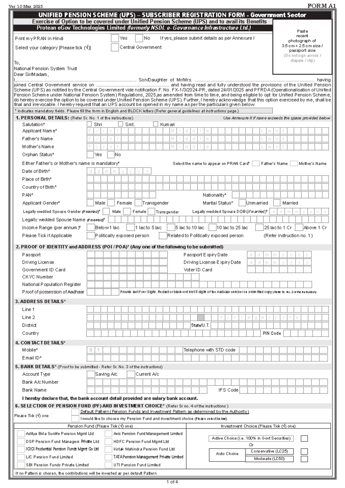 Unified Pension Scheme (UPS) Subscriber Registration Form A1 - Studocu