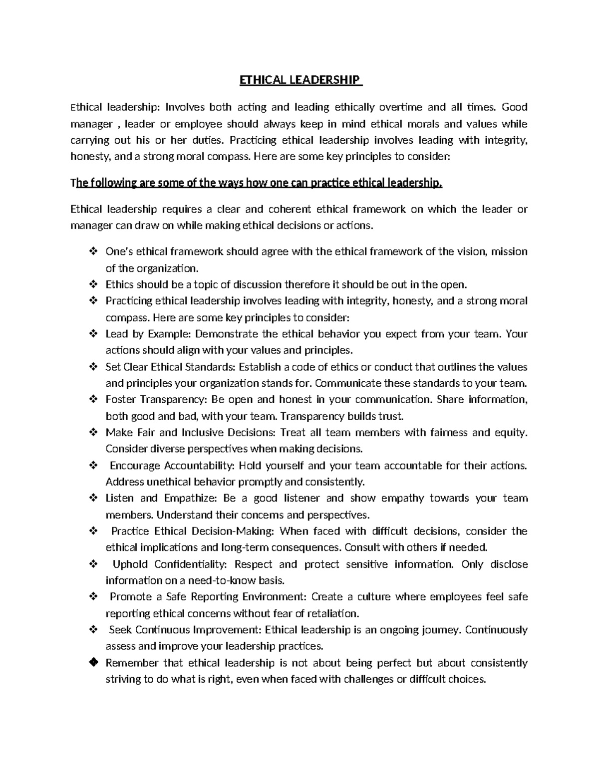 ETH101: Ethical Leadership Principles and Practices Notes - Studocu