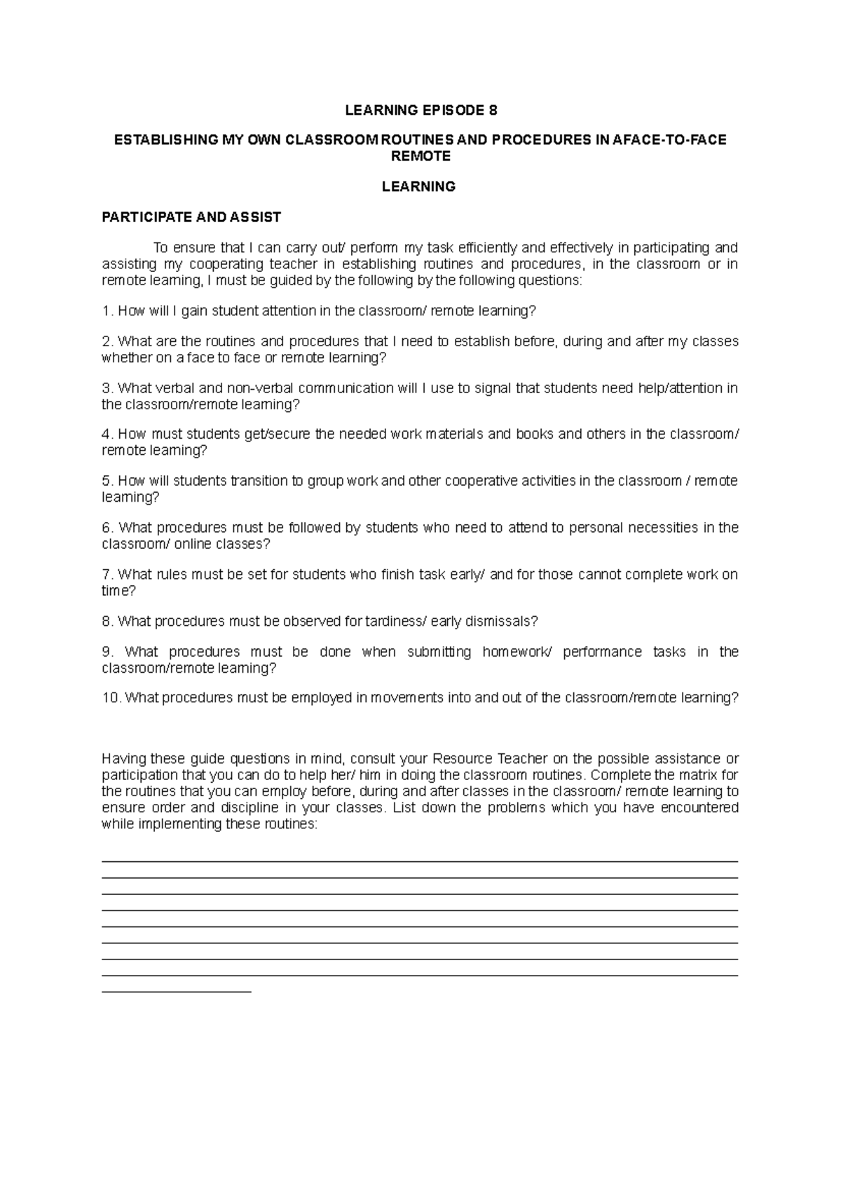 Learning Episode 8: Establishing Classroom Routines for Face-to-Face ...