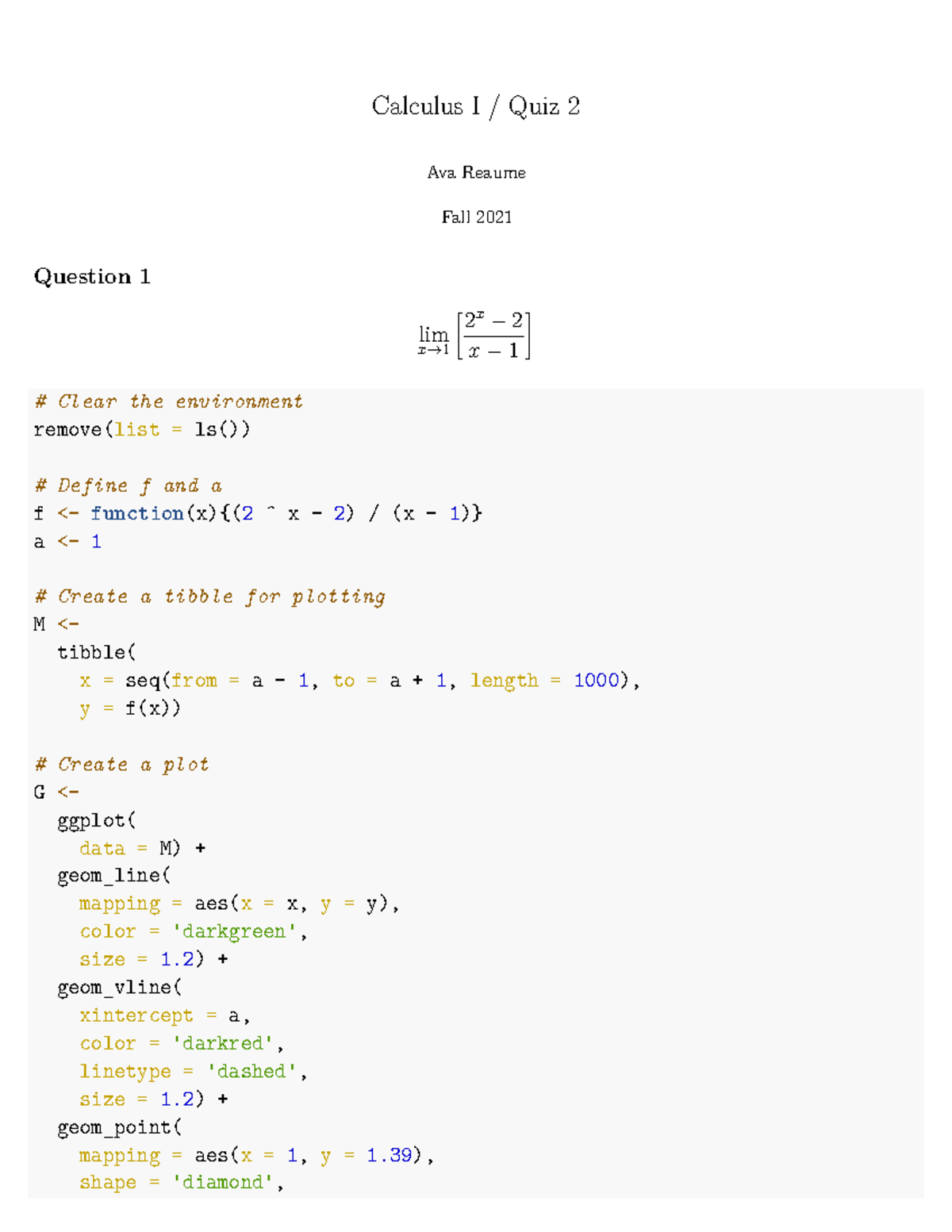 Q2 Ava Reaume - Calculus homework example - Calculus I / Quiz 2 Ava ...