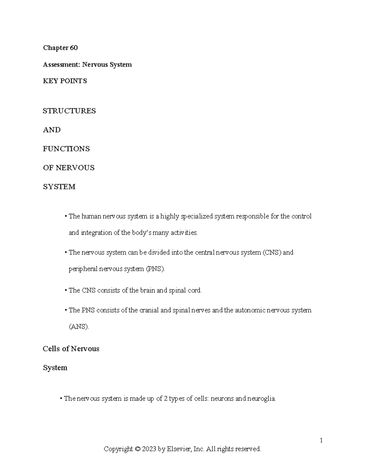 Ch 60 Key Points - med - Chapter 60 Assessment: Nervous System KEY ...