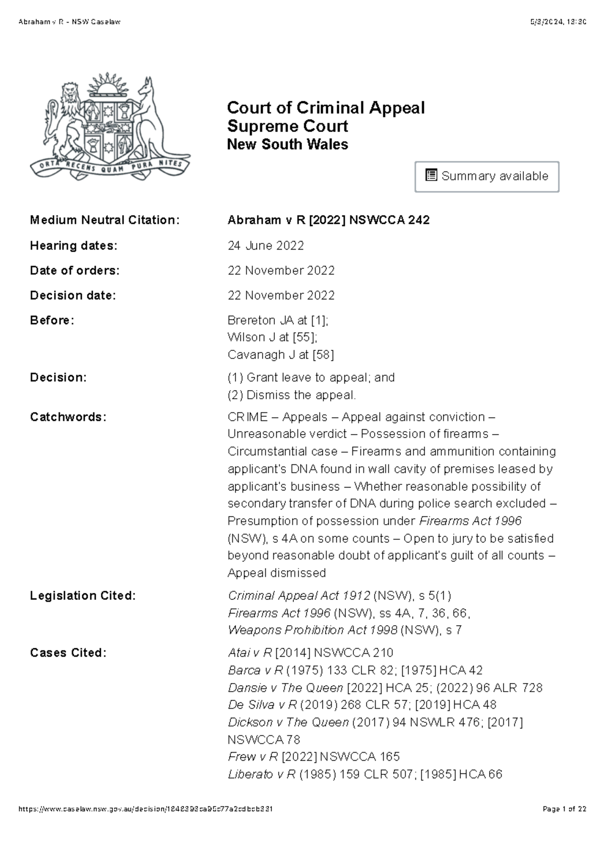 Abraham v R [2022] NSWCCA 242 - Criminal Appeal Analysis and Findings ...