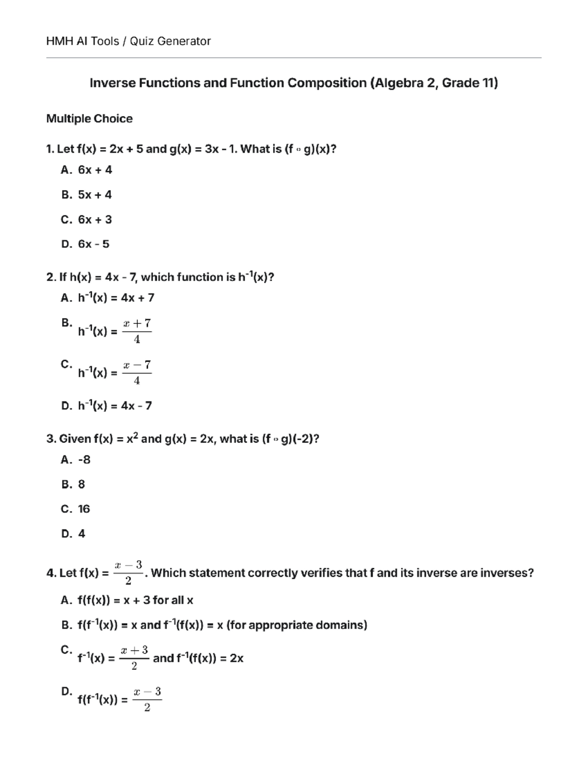 Inverse Functions and Function Composition Quiz (Algebra 2, Grade 11 ...