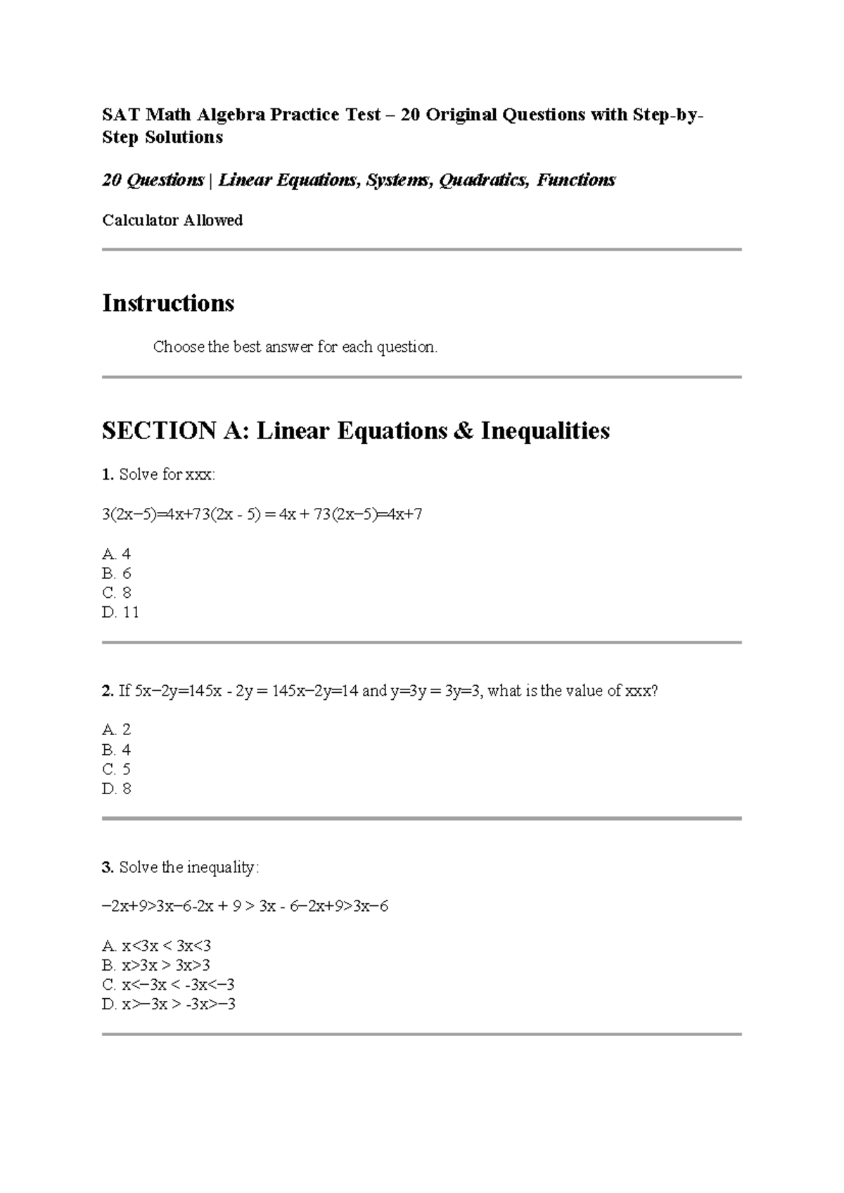 SAT Math Algebra Practice Test: 20 Questions with Solutions - Studocu