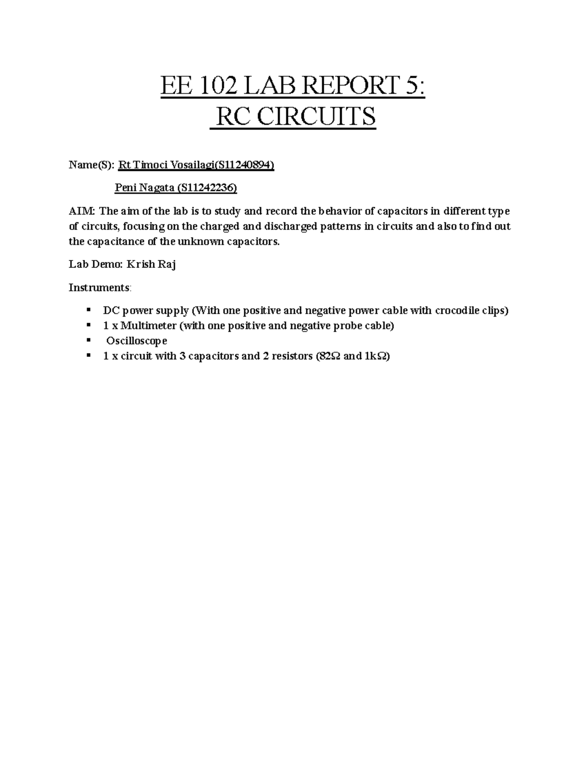 EE 102 LAB REPORT 5: Analysis of RC Circuits Behavior - Studocu
