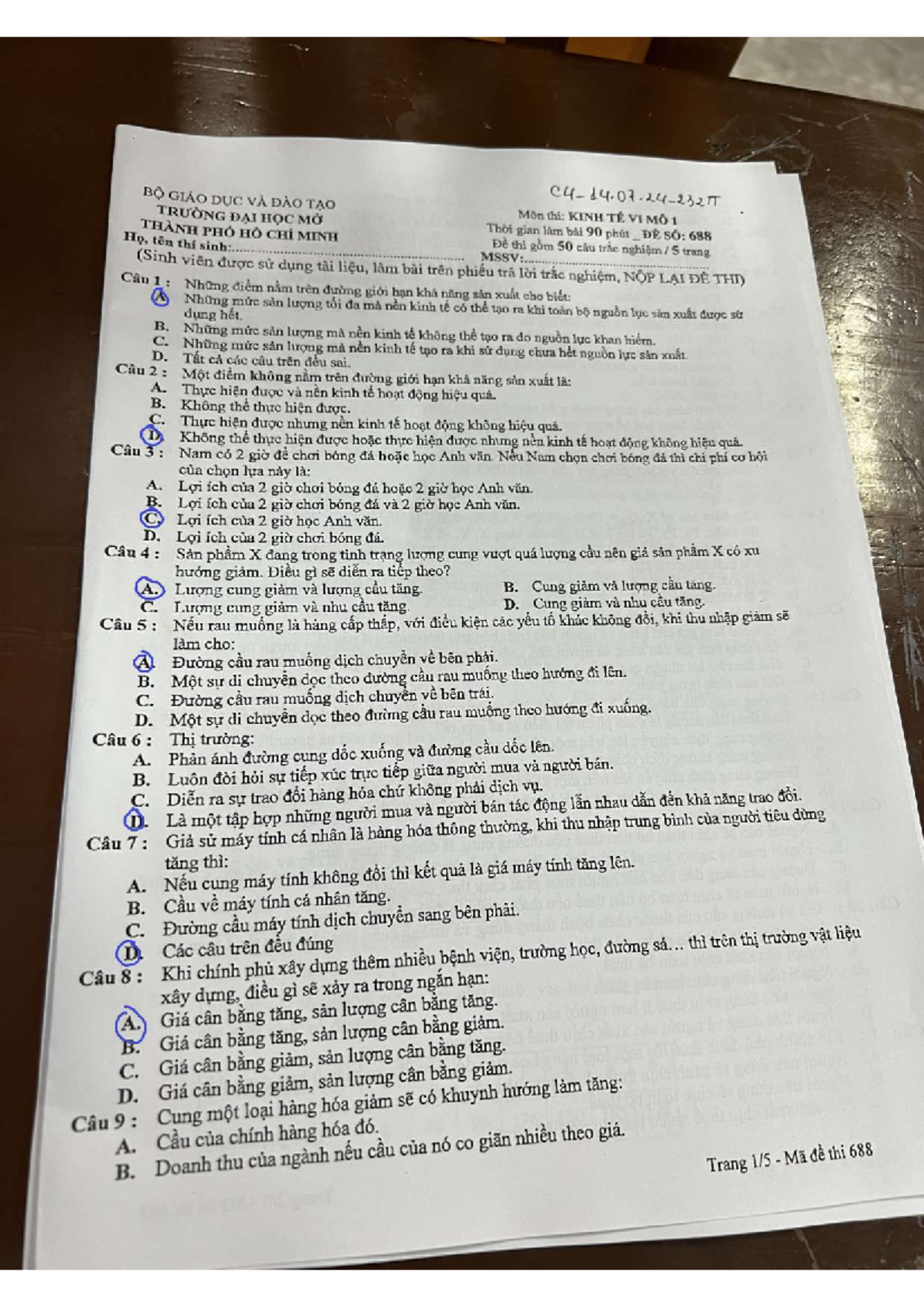 đề 688 - Done - BO GIAO DUC VA DÃO TAO Mon thi: KINH TÉ VI MO 1 TRUONG ...