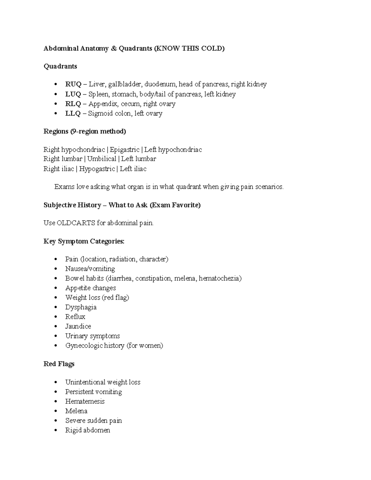 Abdominal Anatomy Quadrants Study Guide (Week 8) - Studocu