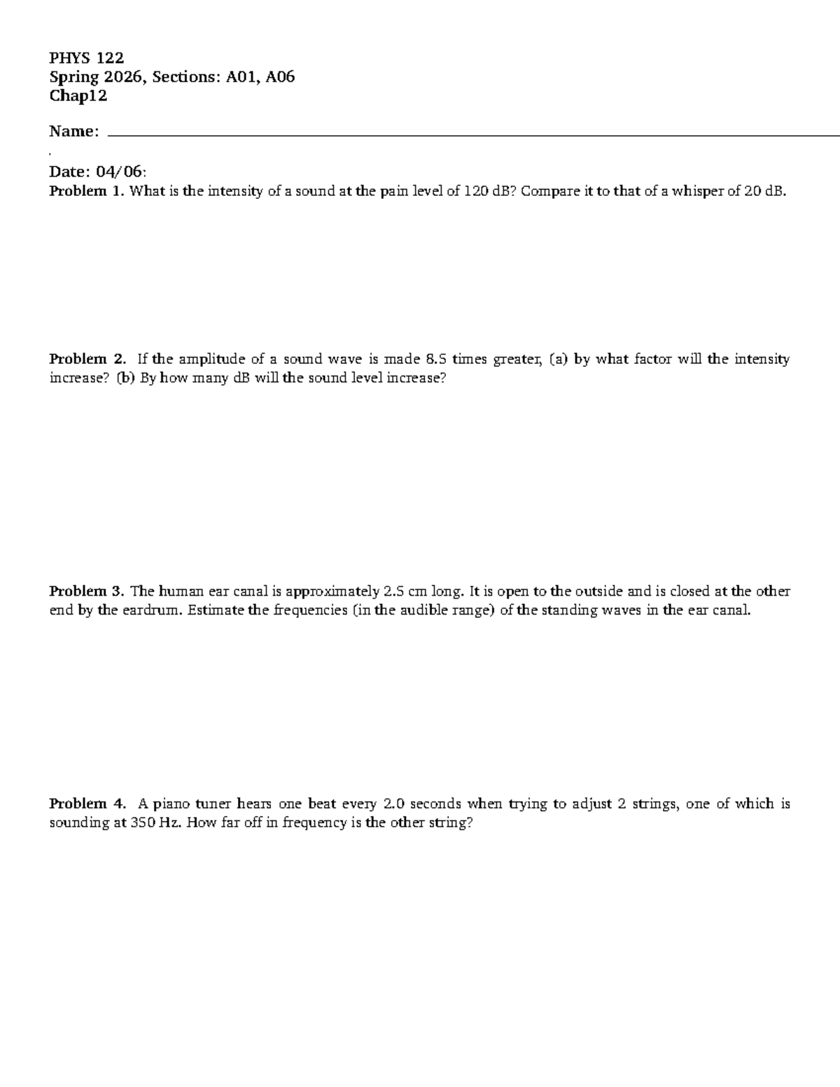 PHYS 122 Spring 2026: Chap 12 Sound Intensity & Frequency Problems ...