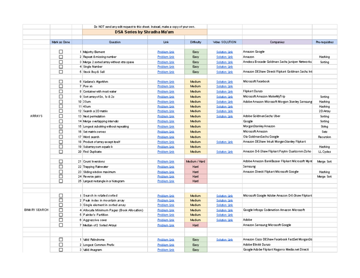 DSA Sheet - DSA Series Sheet - Do NOT send any edit request to this sheet. Instead, make a copy ...