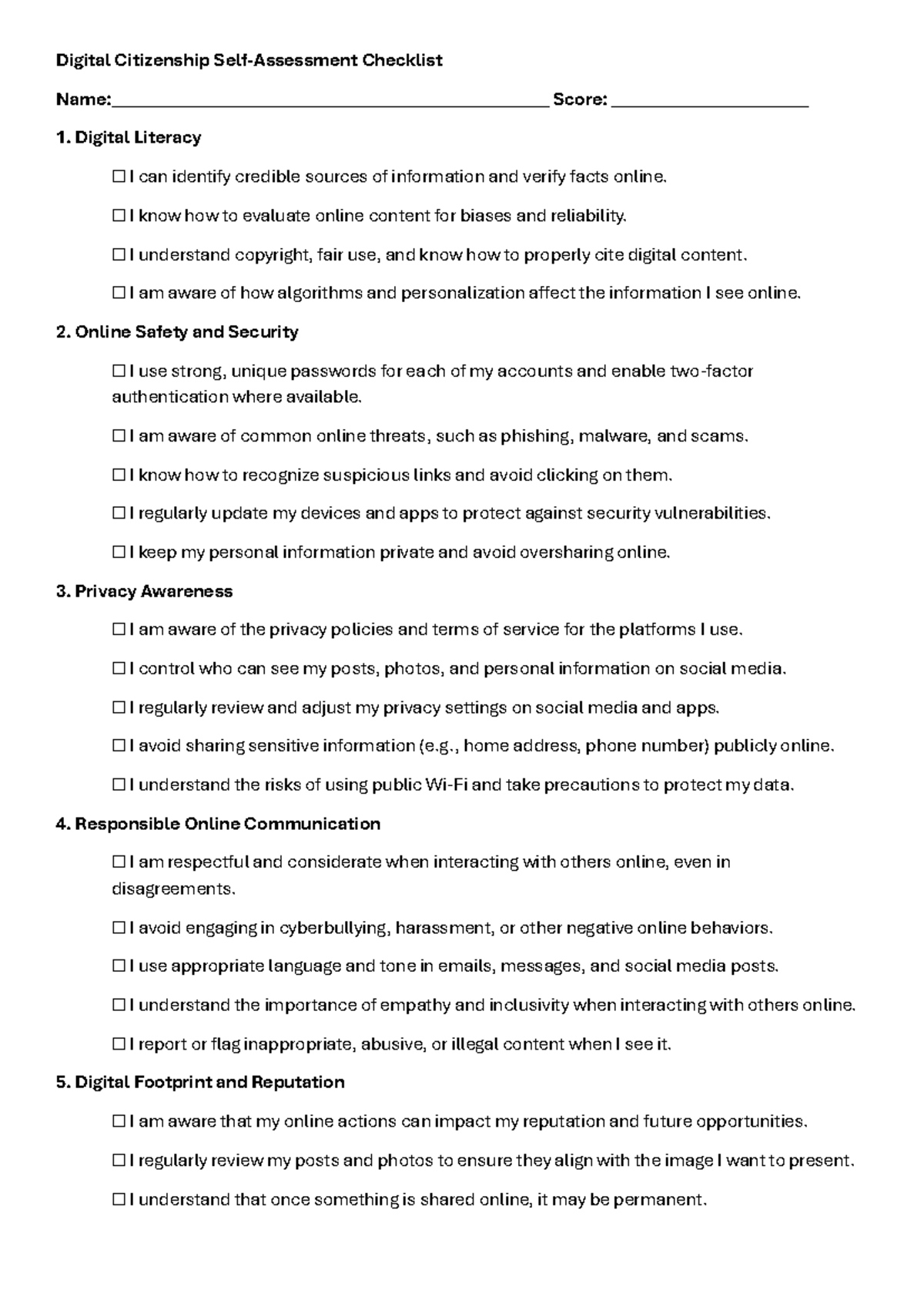 Digital Citizenship Self Assessment Checklist - Digital Citizenship ...
