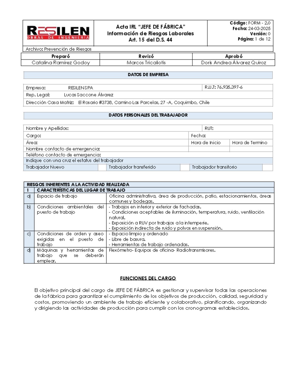 Acta IRL: Jefe de Fábrica - Información de Riesgos Laborales V00 2025 ...