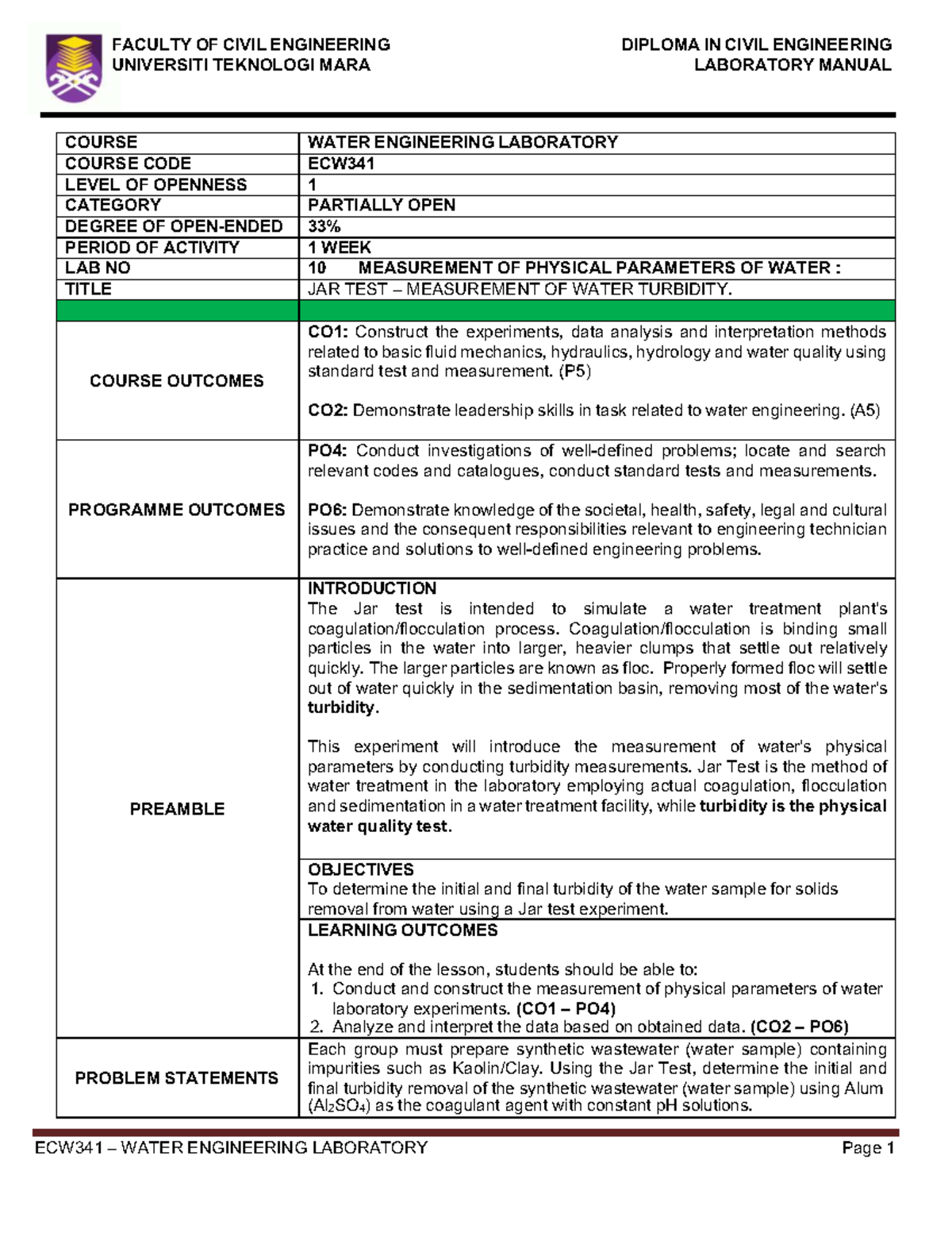 ECW341 Water Engineering Lab Manual: Jar Test Experiment WK10 - Studocu
