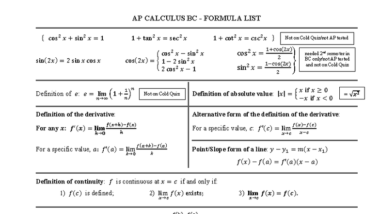 AP CALCULUS BC FORMULA LIST (2025-2026) - Studocu