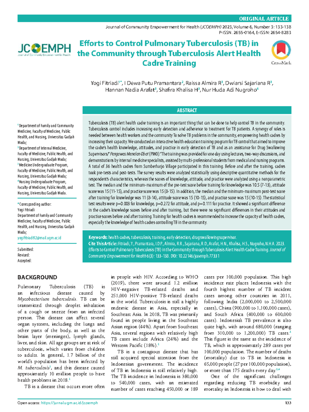 Efforts to Control Pulmonary Tuberculosis (TB) via Health Cadre ...