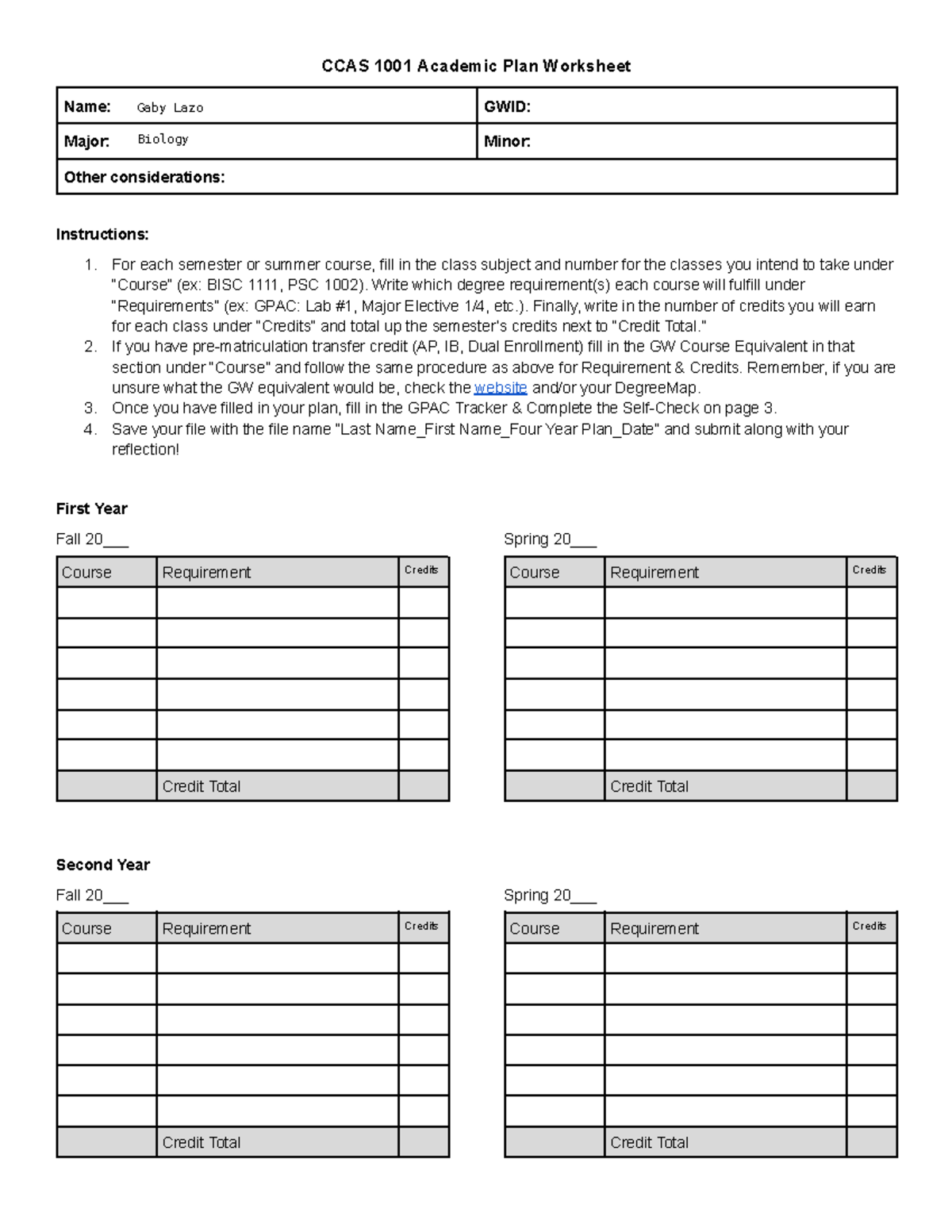CCAS 1001 Academic Plan Worksheet: Four-Year Course Tracker - Studocu