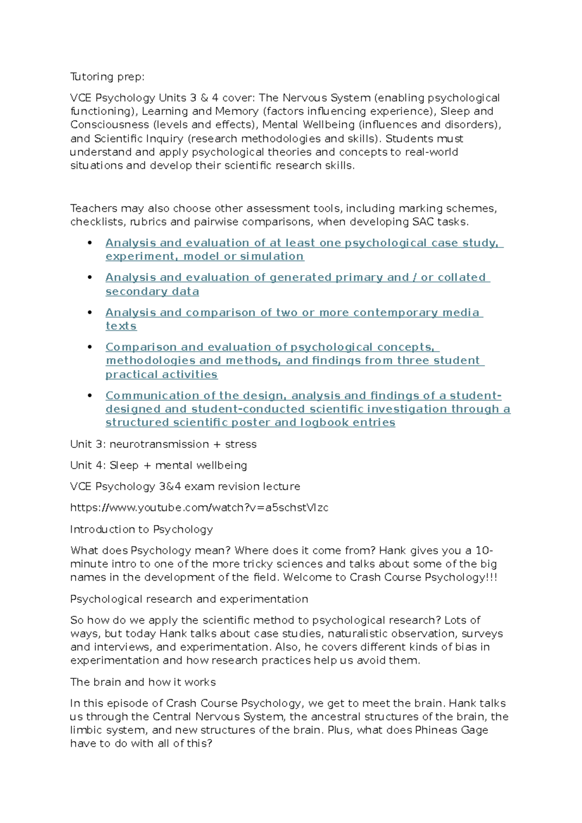 VCE Psychology Units 3 & 4: Nervous System, Learning, Sleep & Wellbeing ...