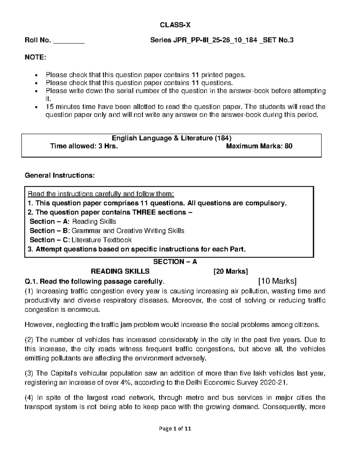Sample Paper 3: English Language Literature (184) - Question Paper ...