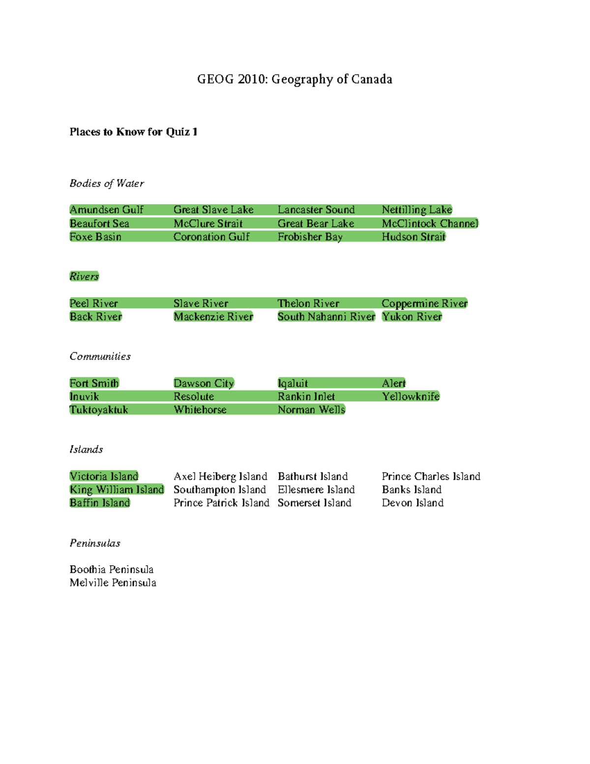 GEOG 2010: Key Canadian Geography for Quiz 1 - Studocu