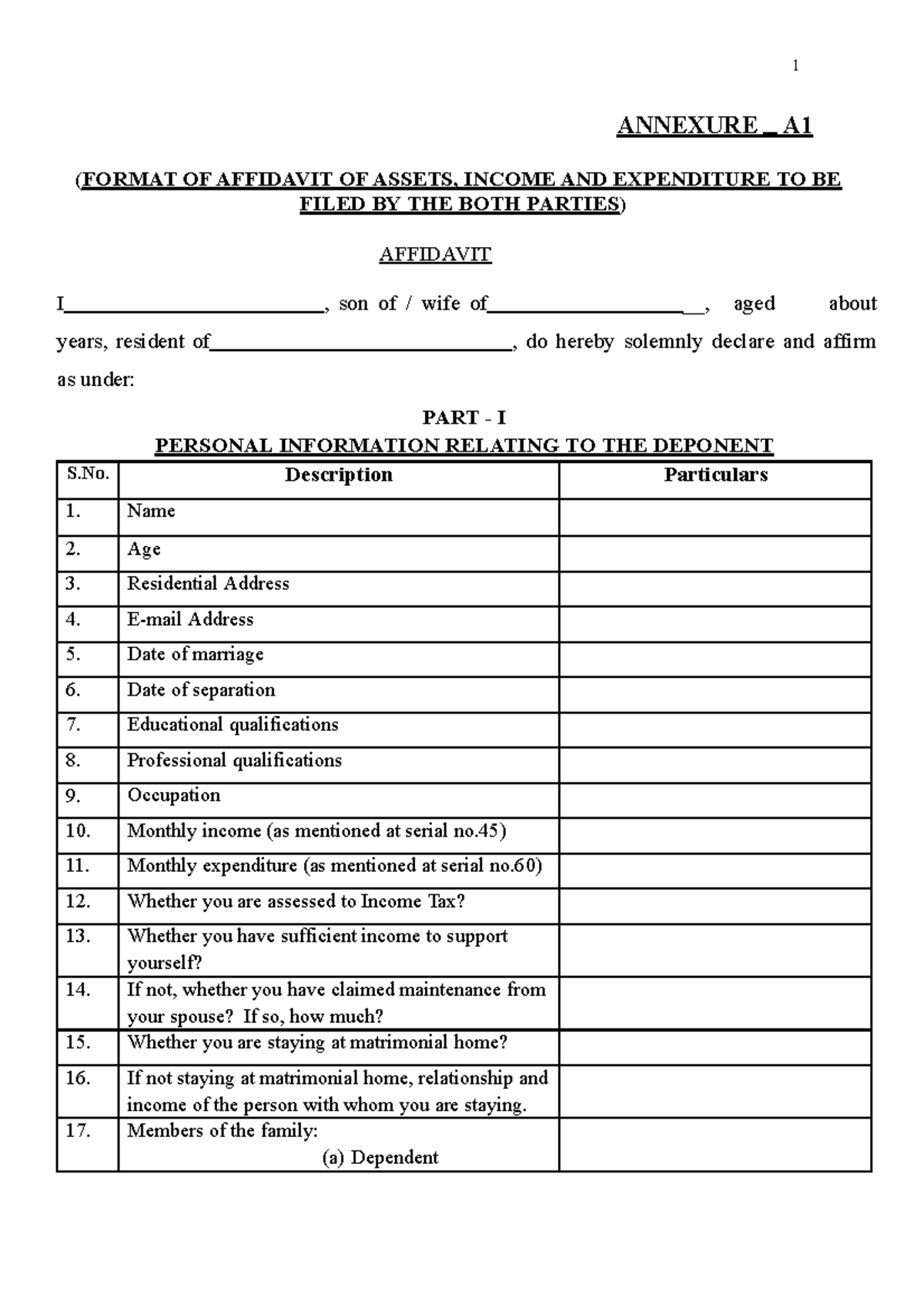 Affidavit Format for Assets, Income & Expenditure - Annexure A1 - Studocu