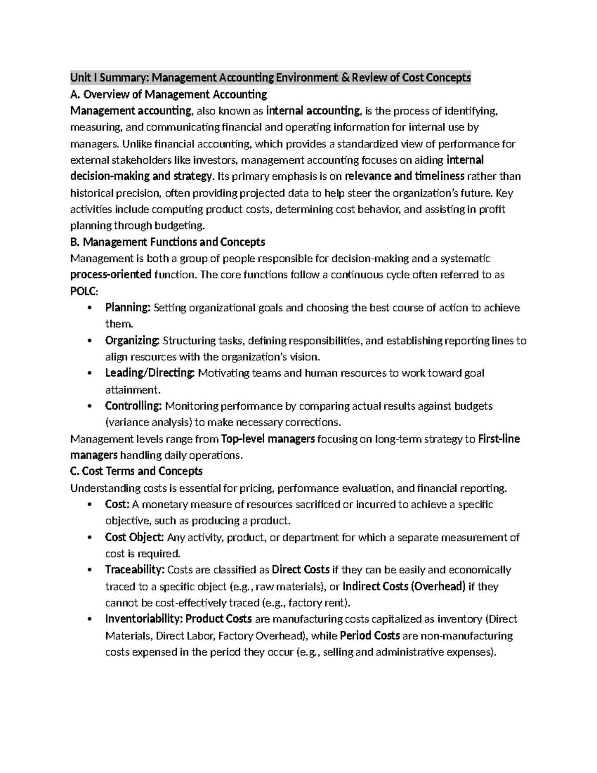 Strat Cost Summary: Management Accounting Concepts (Units I-IV) - Studocu