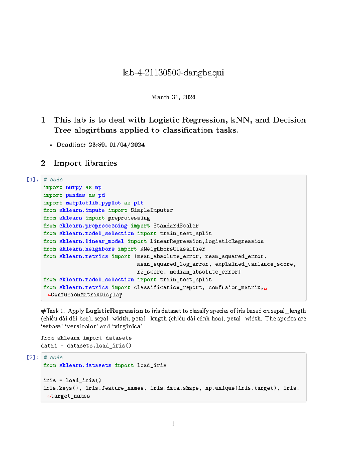 Lab 4 (21130500) - Classification Algorithms: Logistic Regression & kNN Analysis - Studocu