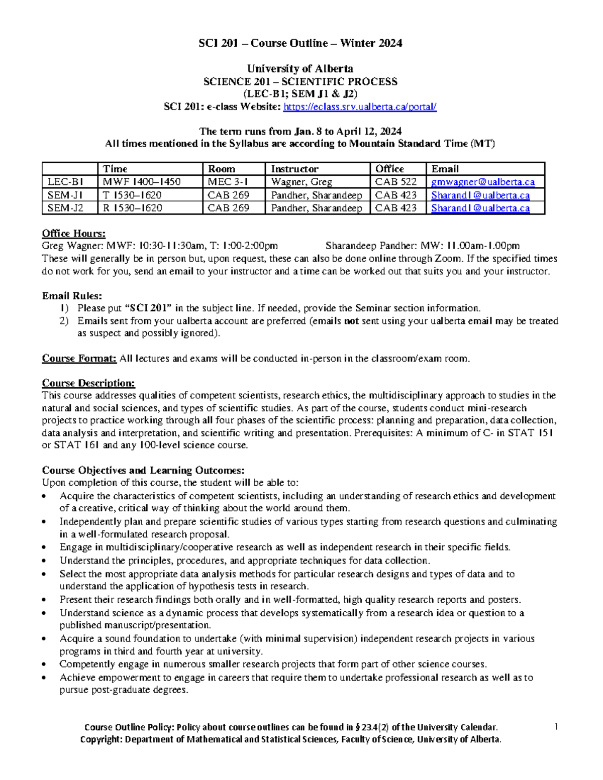 SCI 201 Winter 2024 Syllabus: Scientific Process Course Outline - Studocu