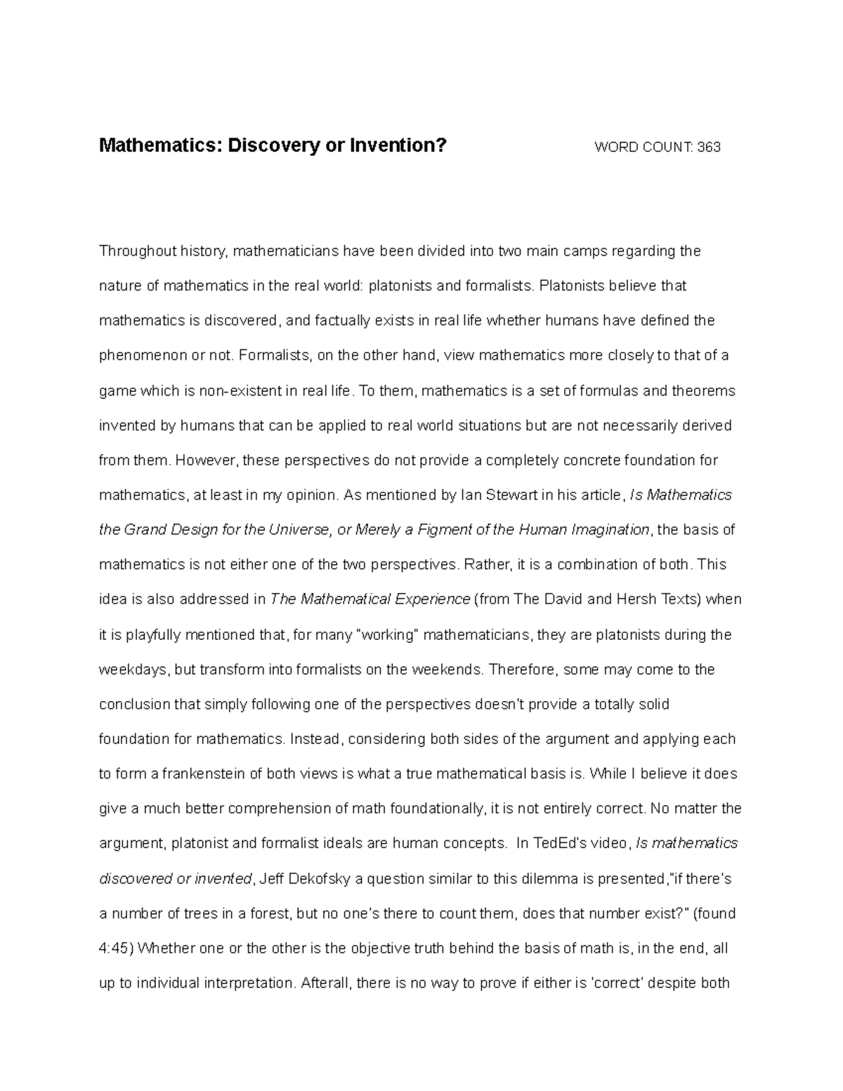 Mathematics: Discovery vs Invention - An IB TOK Exploration - Studocu