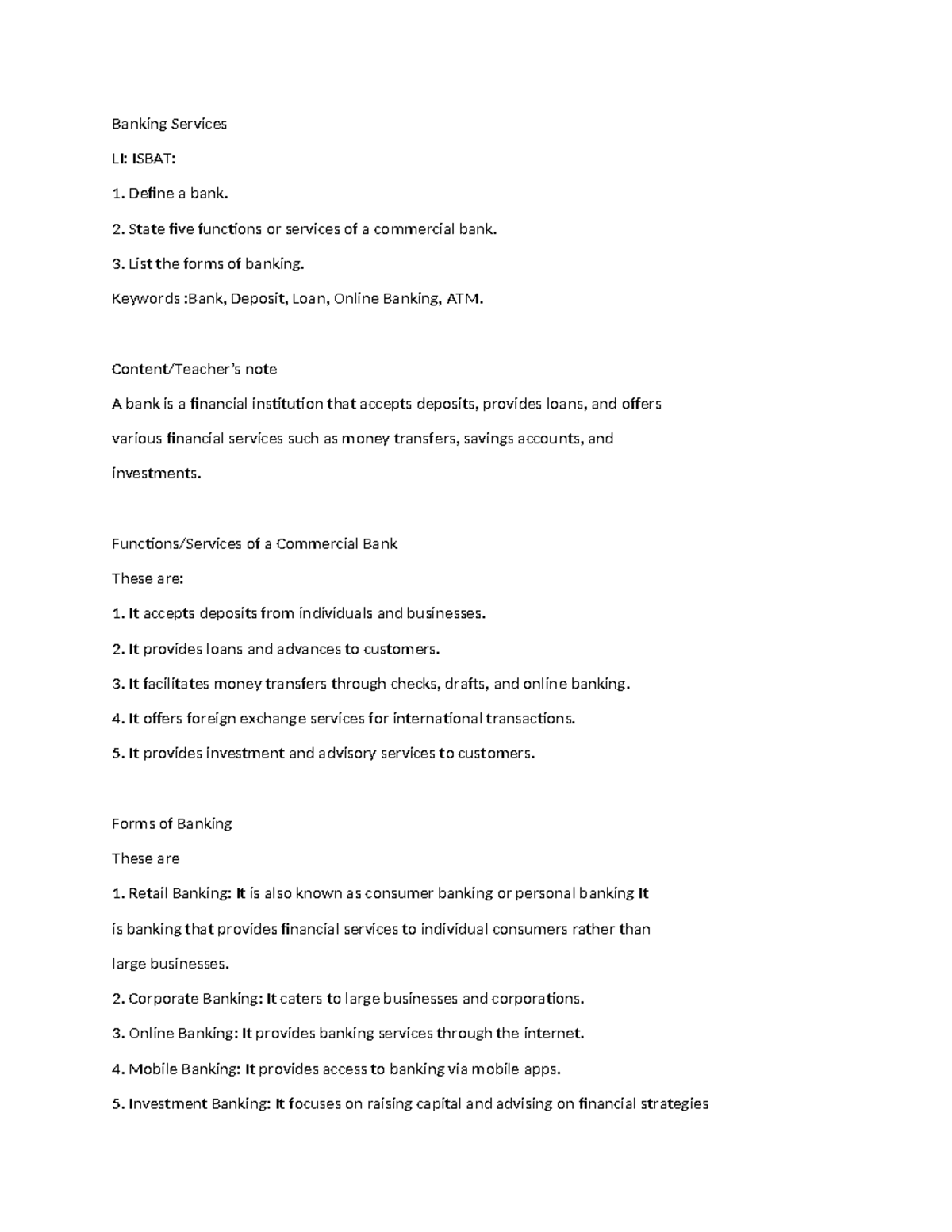 Banking Services LI: Functions, Forms, and Definitions of Banks - Studocu