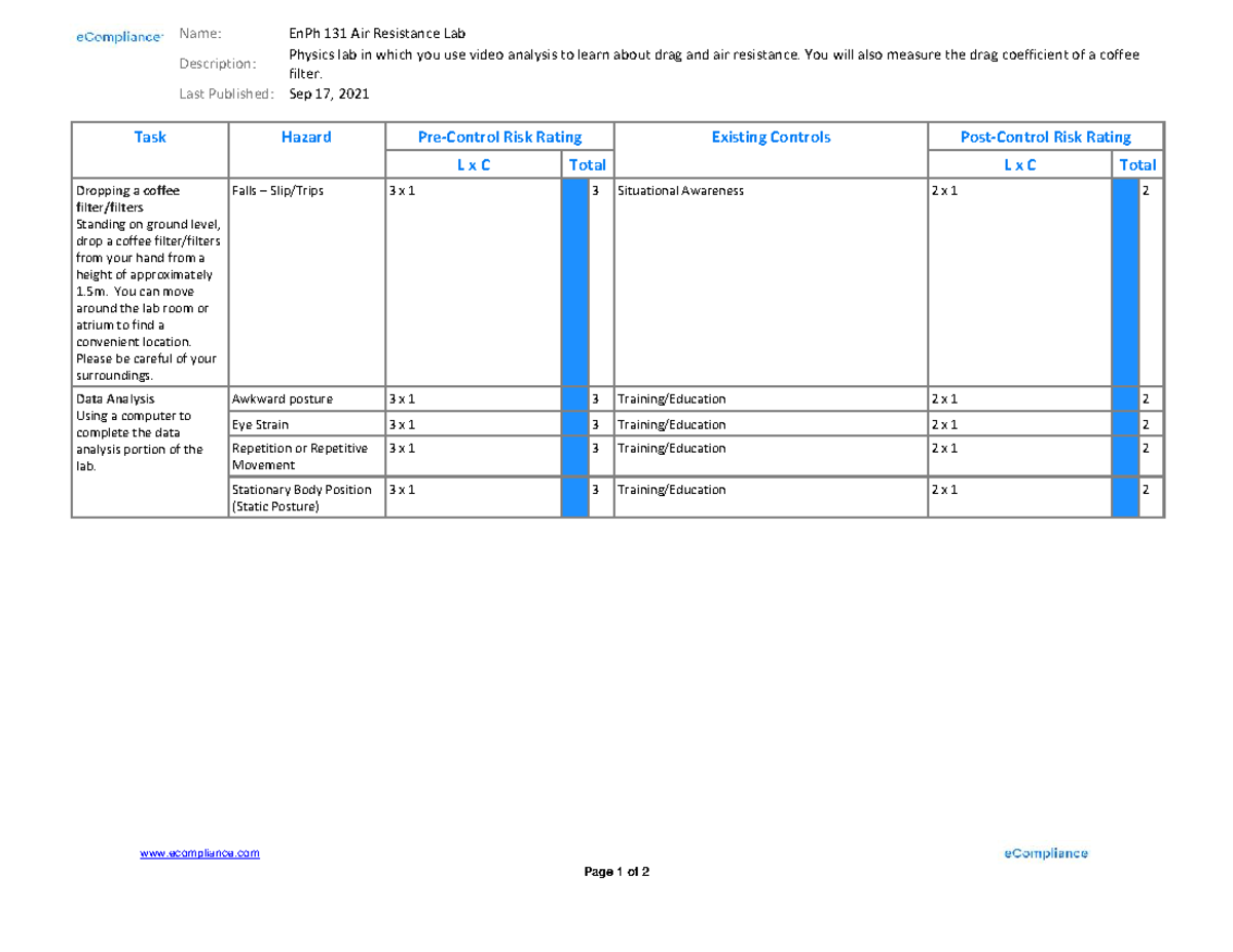 EnPh 131 Air Resistance Lab: Video Analysis & Drag Coefficient - Studocu