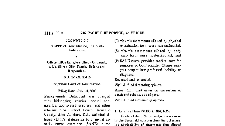 N.M. 516 PACIFIC REPORTER, 3d SERIES: State v. Tsosie - Confrontation ...