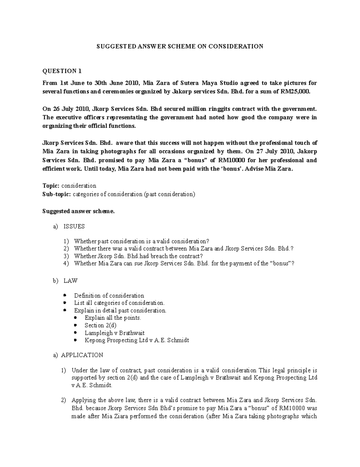 Suggested Answer Scheme on Consideration (LAW 101) - Studocu