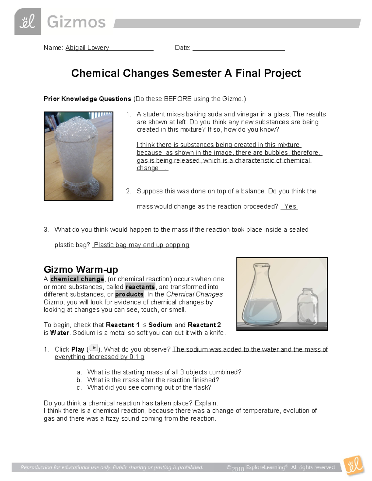 Sem A Final Chemical Changes SE - Name: Abigail Lowery Date: Chemical ...
