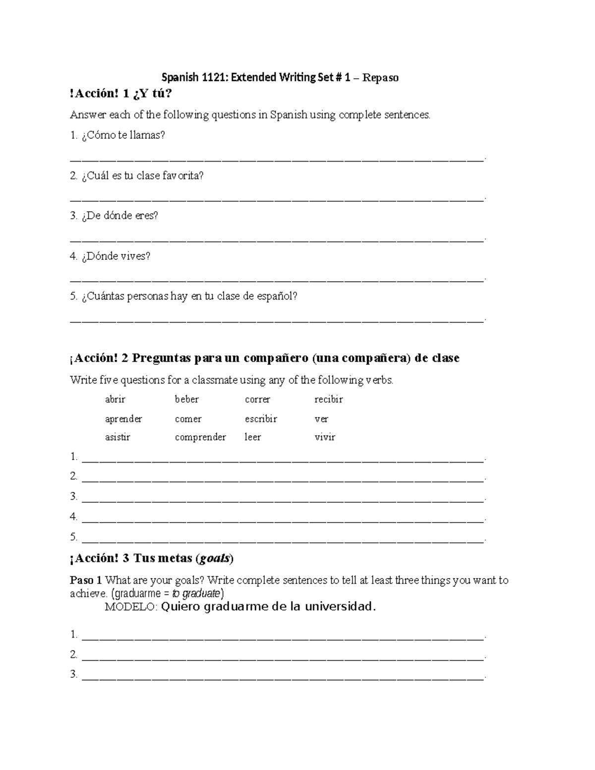 SPN 1121 Extended Writing Homework Set 1 - Spanish 1121: Extended ...