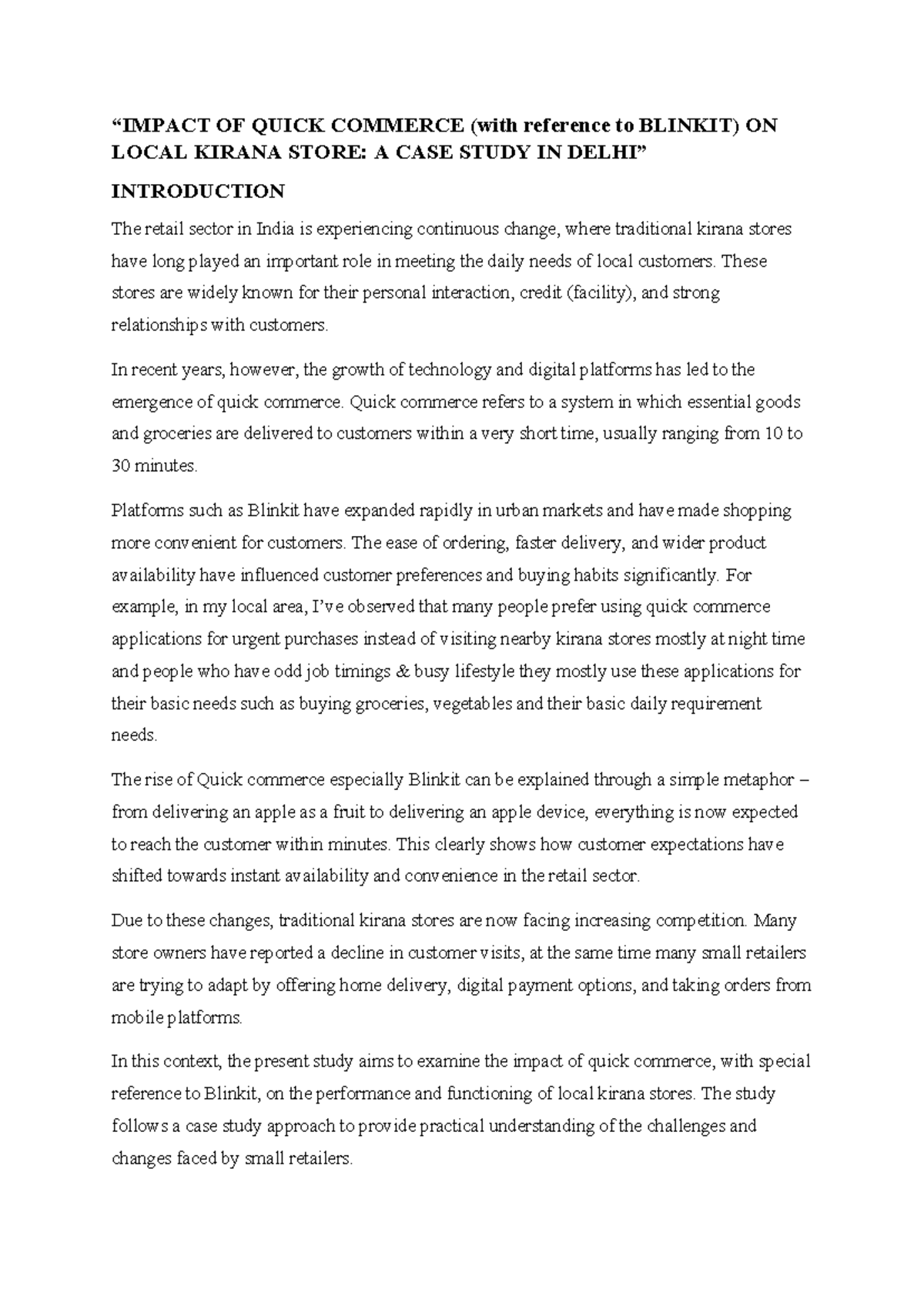 MCOP 01 Case Study: Impact of Quick Commerce on Local Kirana Stores ...