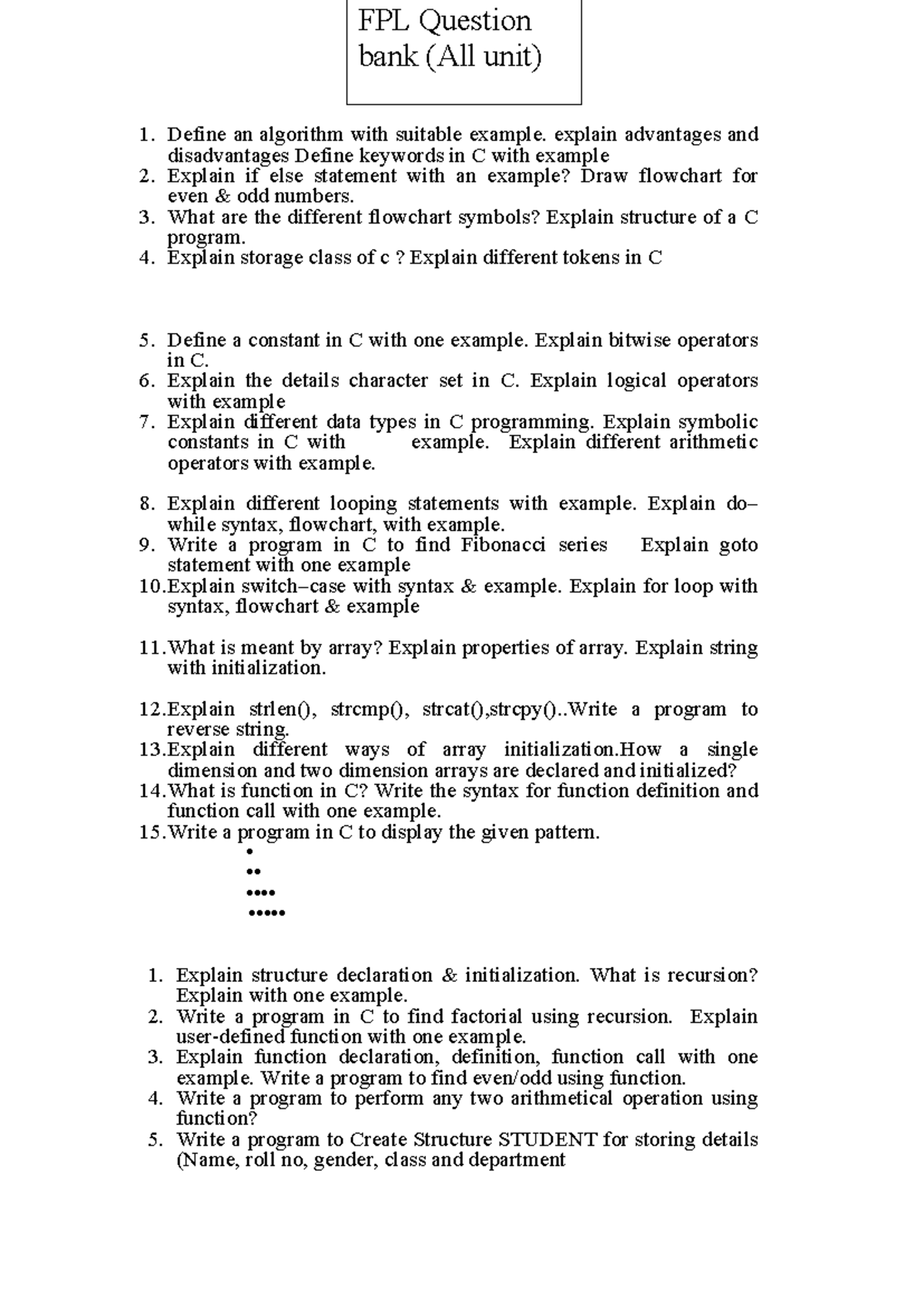 FPL Question Bank: C Programming Concepts and Examples - Studocu