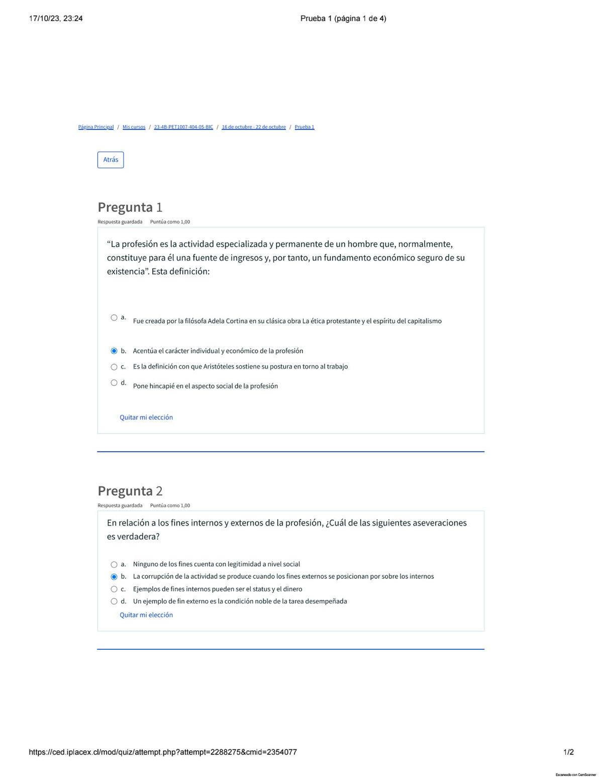 Prueba 1 de ética 23:24: preguntas y respuestas clave - Studocu