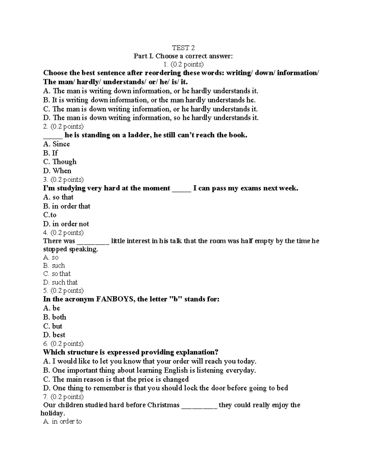 TEST 2 Part I: Writing Practice and Sentence Structure - Studocu