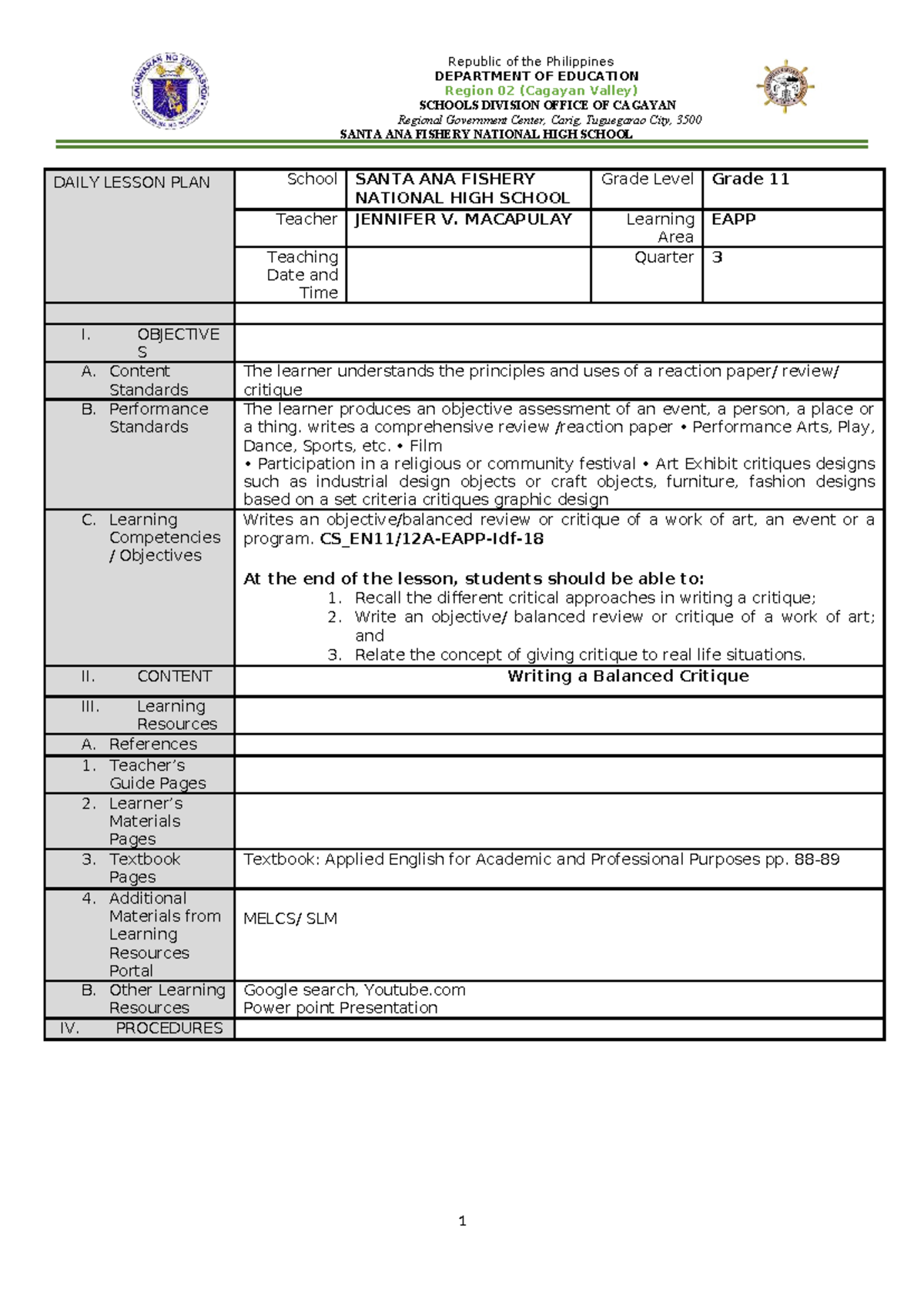 Grade 11 EAPP Daily Lesson Plan: Writing a Balanced Critique - Studocu