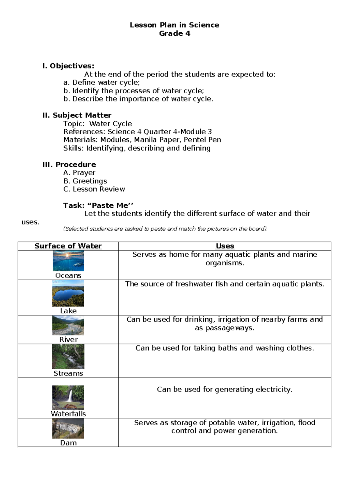 LP SCI 4 - Lesson Plan on Water Cycle for Grade 4 Students - Studocu